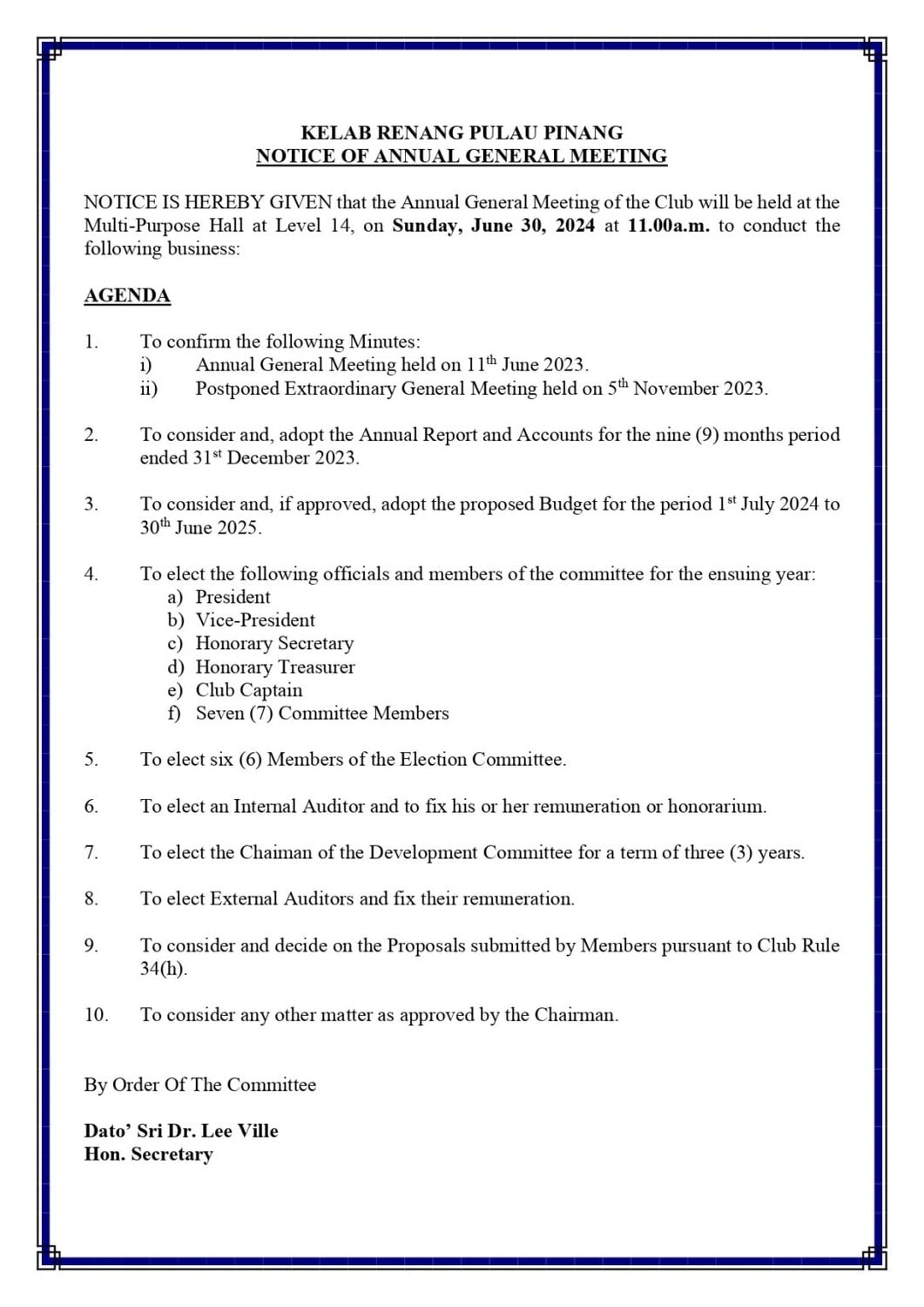 AGM Notice - Penang Swimming Club