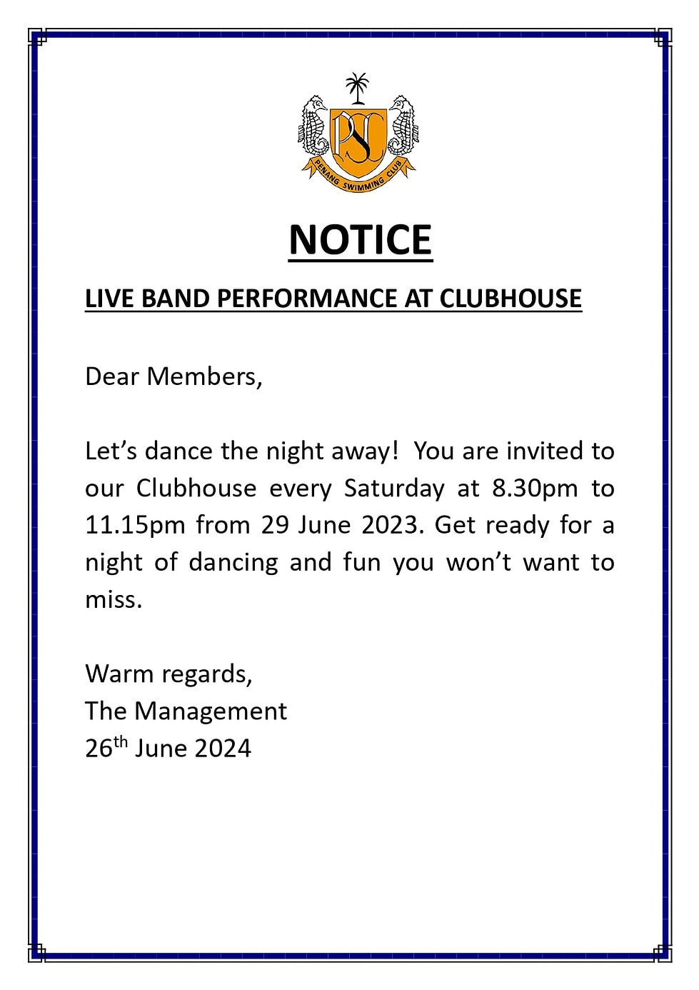Band Notice Club House - Penang Swimming Club