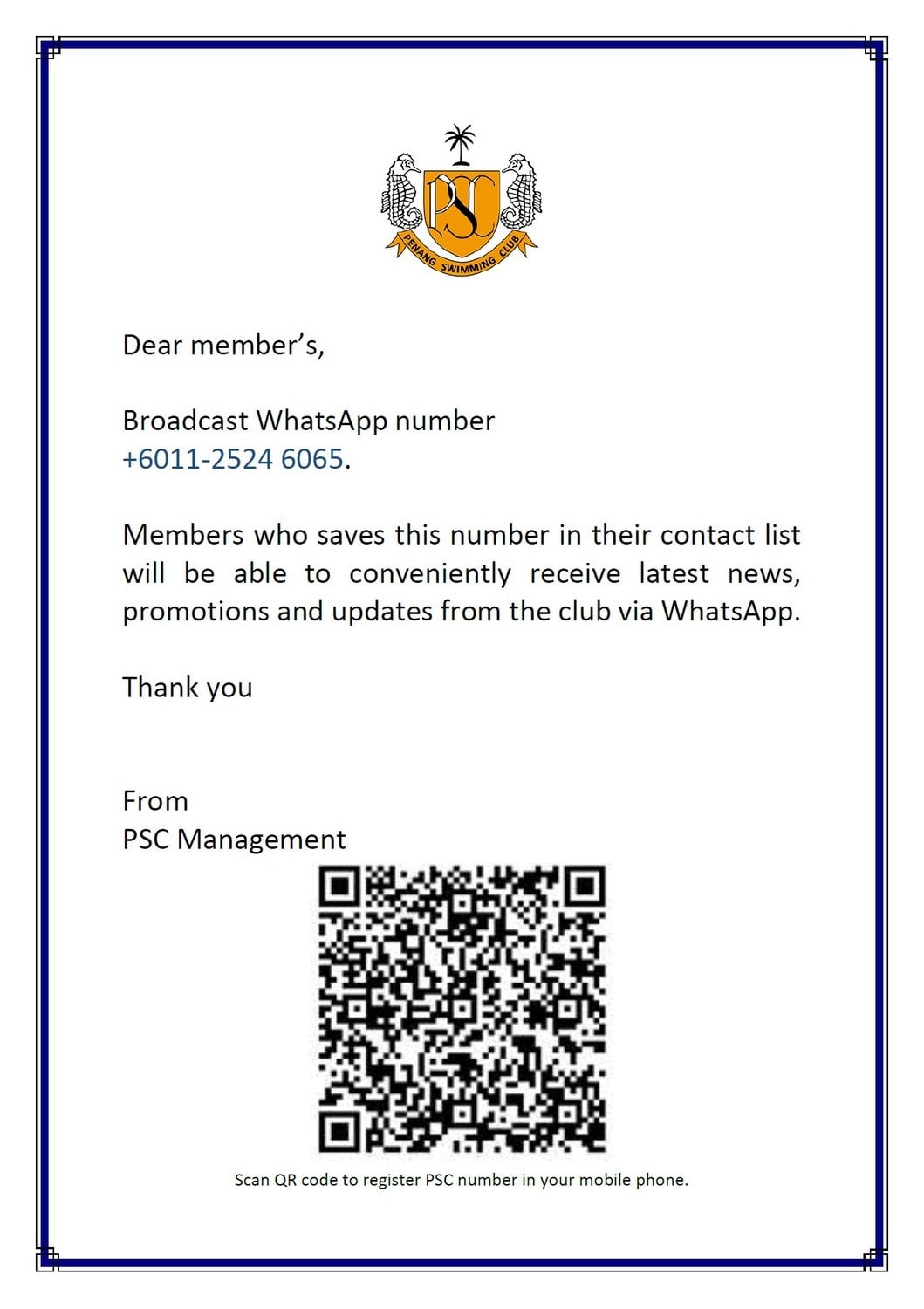 Broadcast QR code - Penang Swimming Club