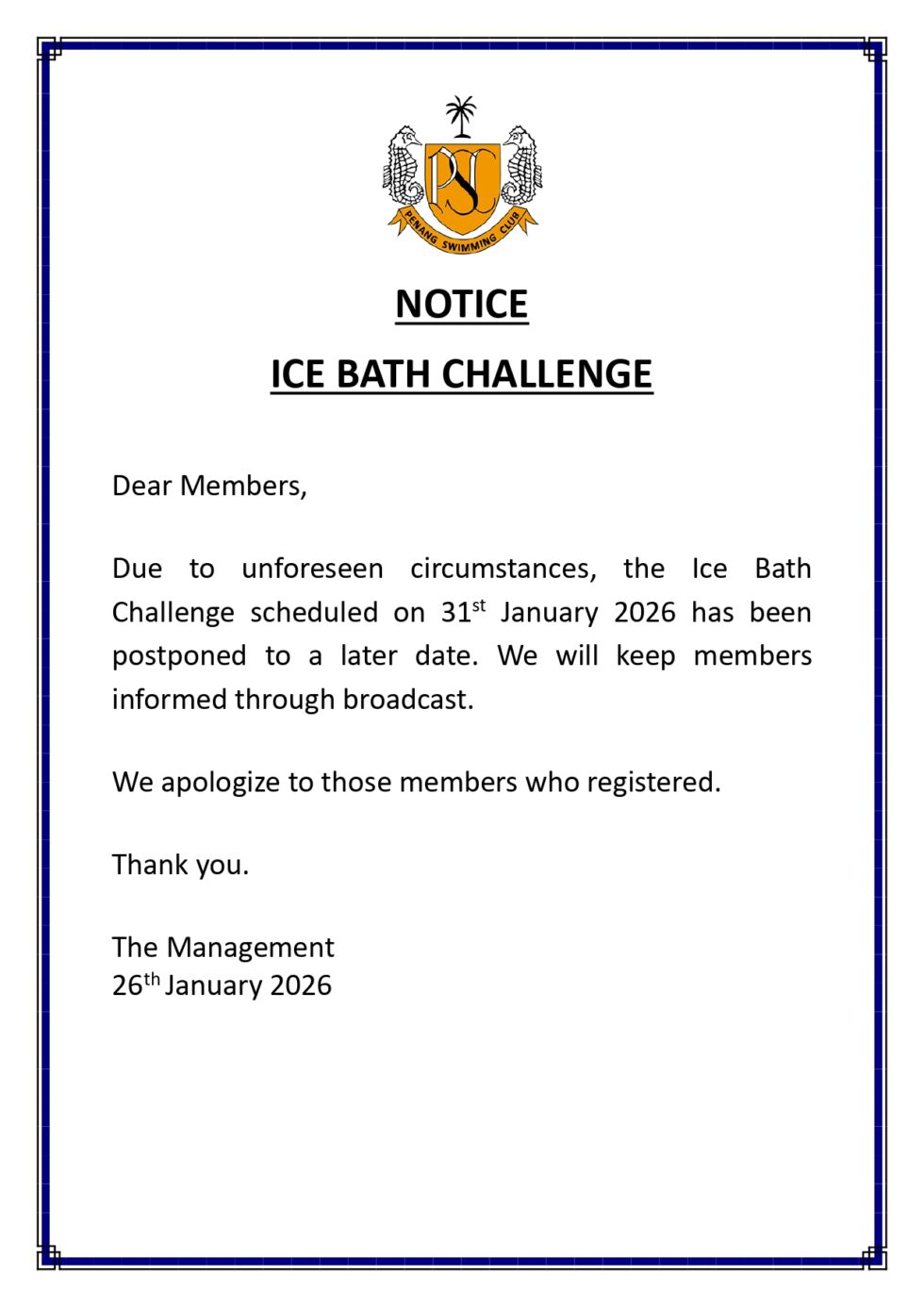 Club Notice - Penang Swimming Club