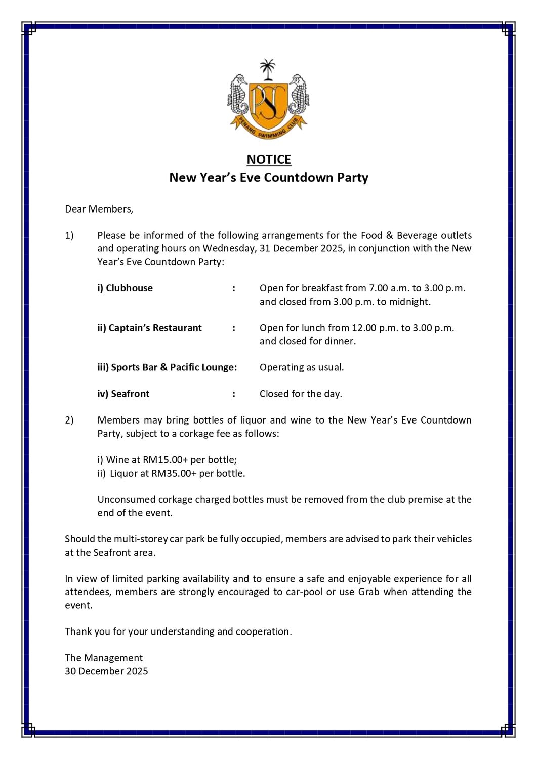 Club Notice - Penang Swimming Club