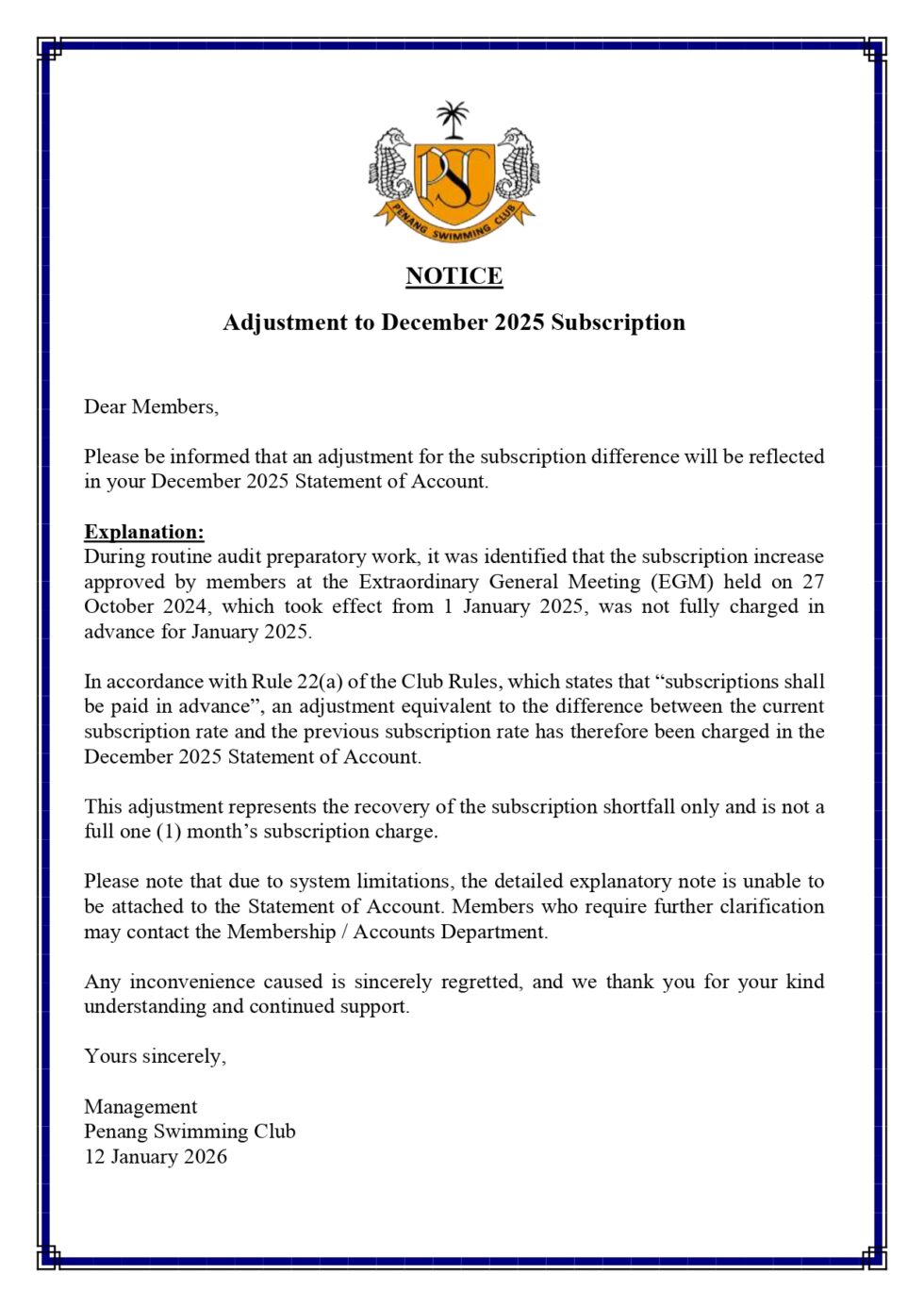 Club Notice - Penang Swimming Club