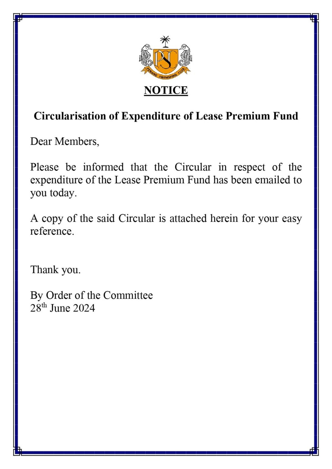 Notice of Expenditure - Penang Swimming Club
