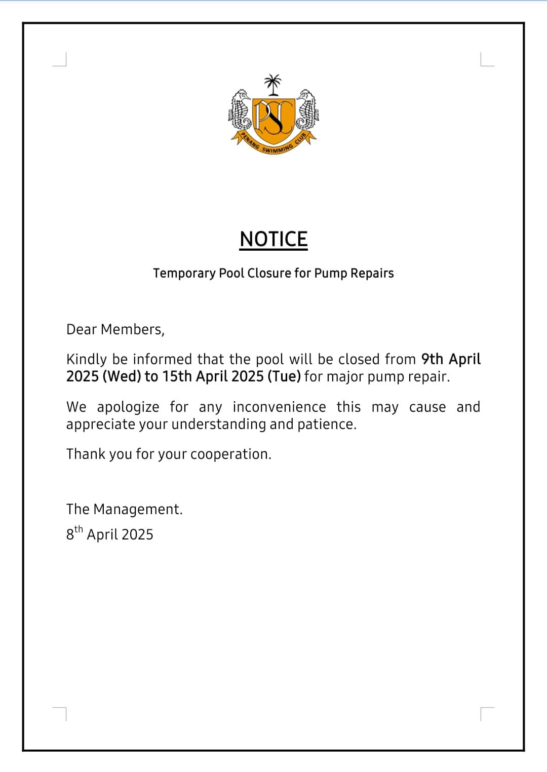Pool_Closure - Penang Swimming Club