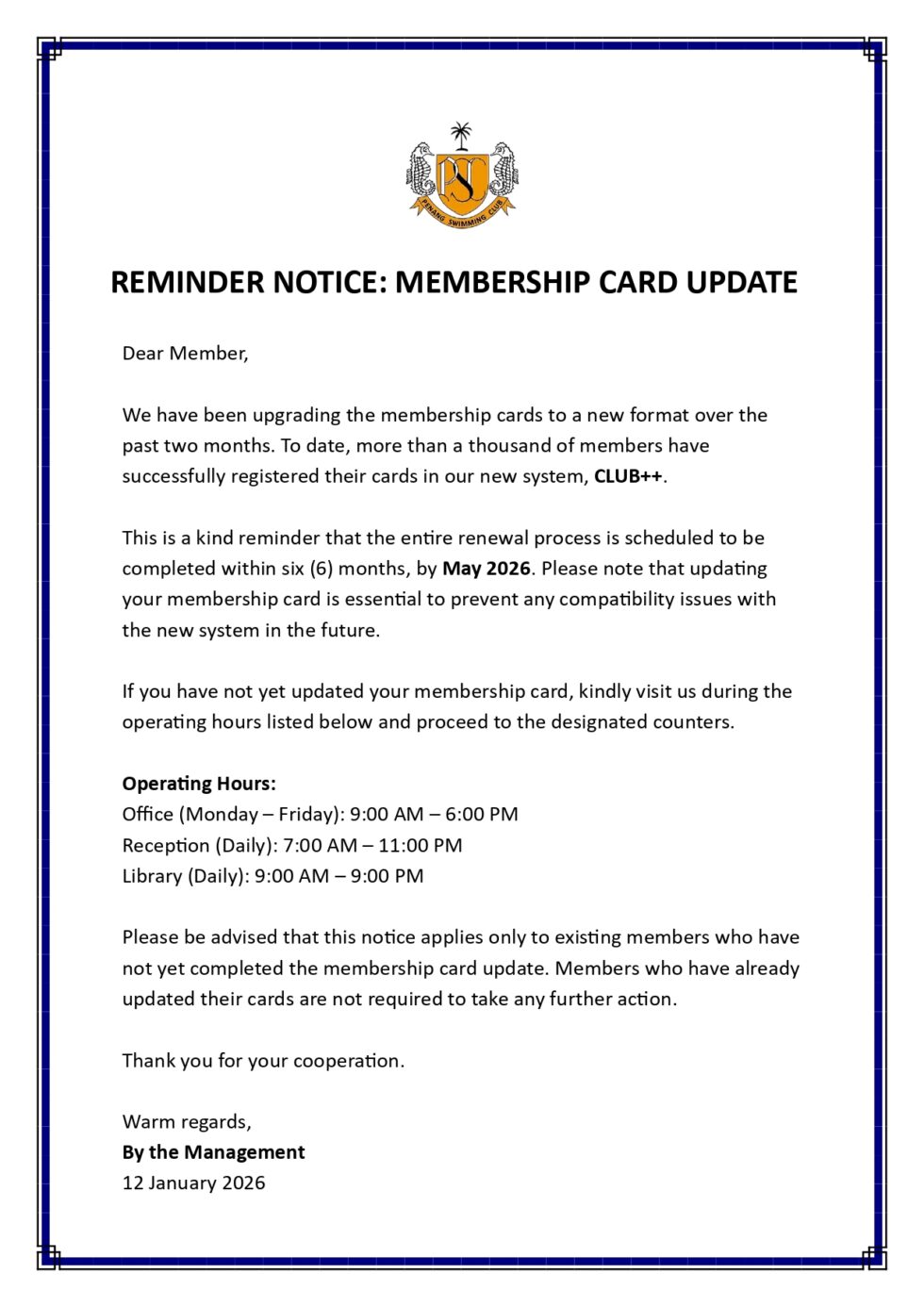 Club Notice - Penang Swimming Club