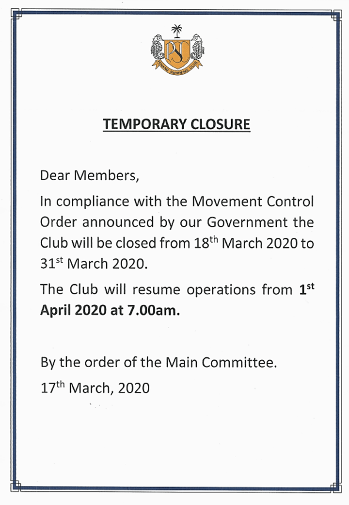 Temporary Closure - Penang Swimming Club